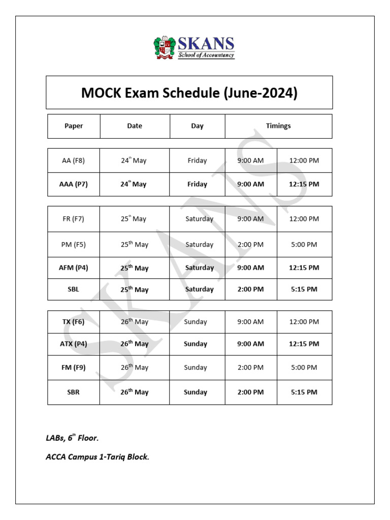 ACCA June 2024 Exam Schedule | PDF