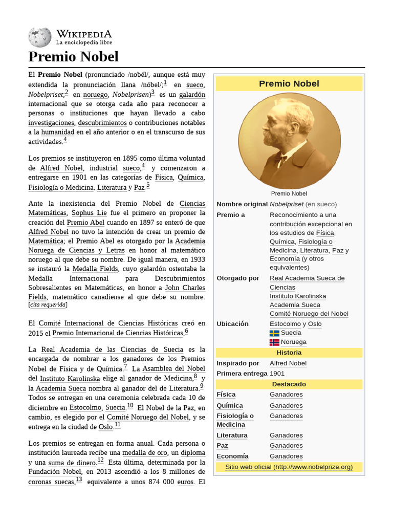 Historia y categorías del Premio Nobel | PDF | premio Nobel | Familia Nobel