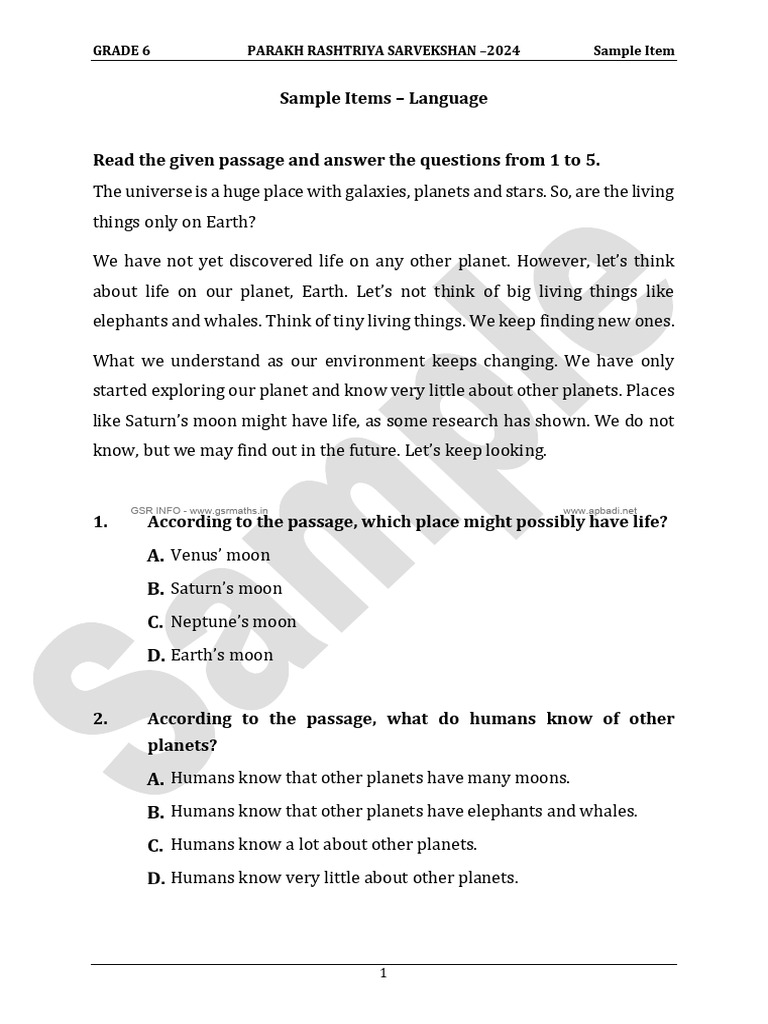 Grade 6 PARAKH 2024 Sample Items | PDF | Planets | Pancake