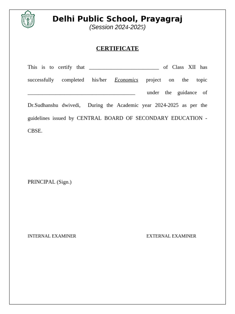 Class XII Economics Project Certificate | PDF
