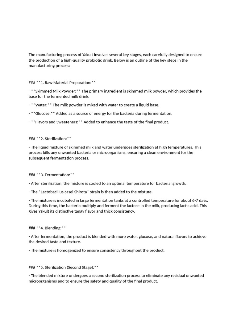 The Manufacturing Process of Yakult Involves Several Key Stages | PDF ...