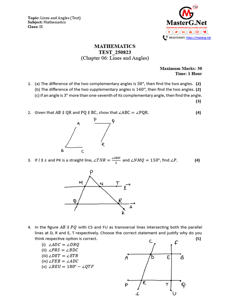 Test (Lines and Angles) - 250823 | PDF