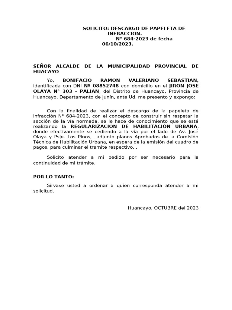 Solicito de Papeleta de Infraccion | PDF