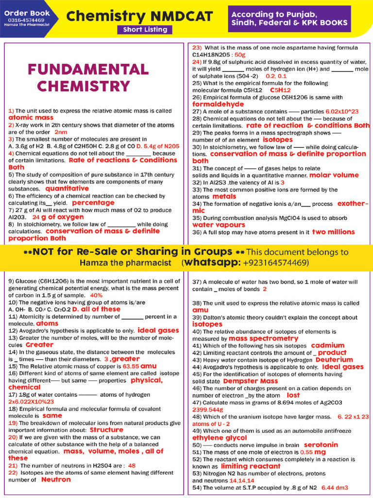 Chemistry NMDCAT Shortlisting | PDF