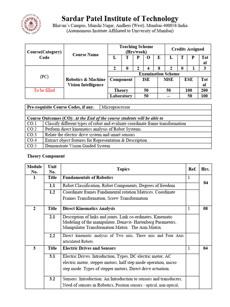 Robotics & Machine Vision Course | PDF | Computer Vision | Kinematics