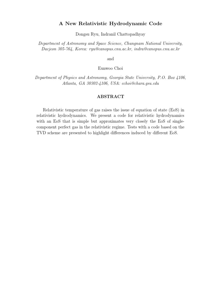 Dongsu Ryu and Indranil Chattopadhyay - A New Relativistic Hydrodynamic Code | PDF | General ...