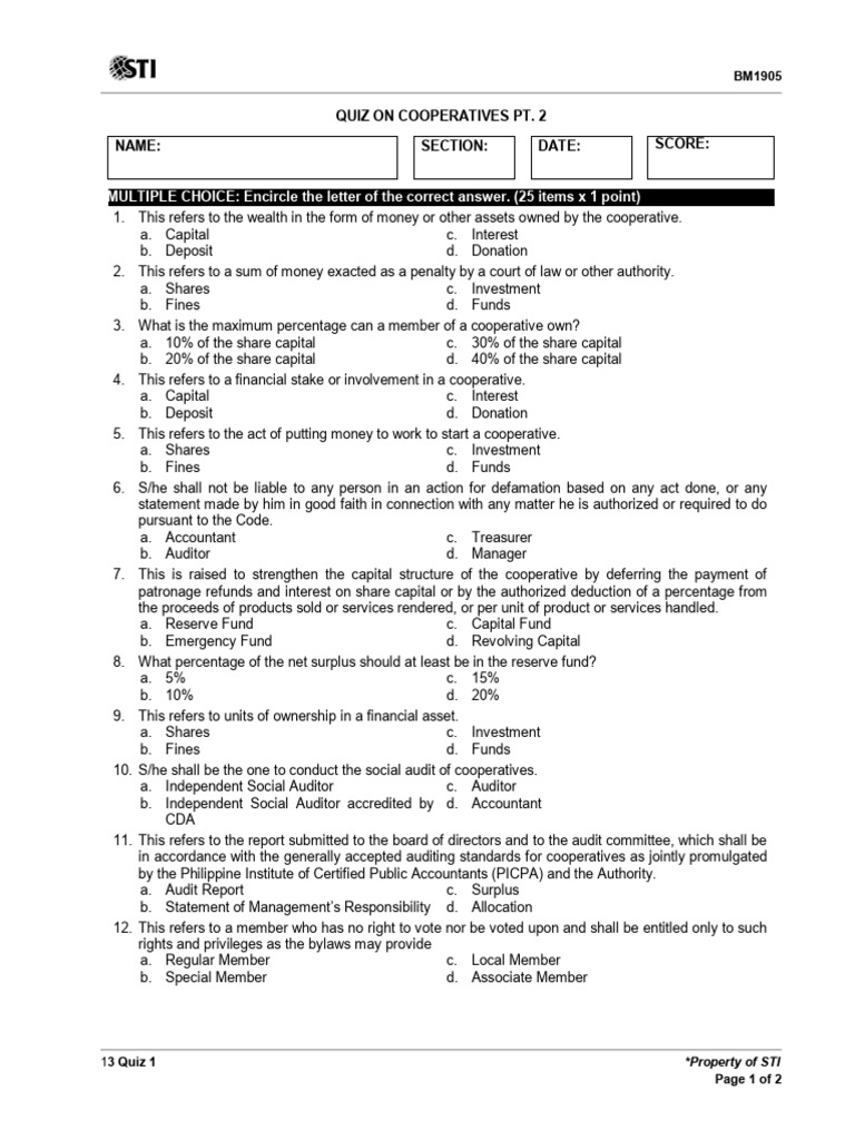 13_Quiz_1(2) (1) | PDF | Fine (Penalty) | Business