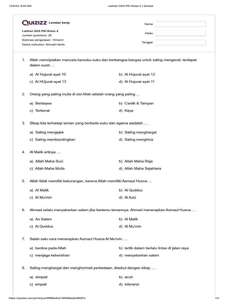 Latihan SAS PAI Kelas 4 _ Quizizz | PDF