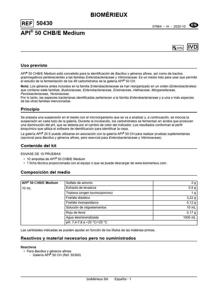 Medio API® 50 CHB/E para Bacillus | PDF | Laboratorios