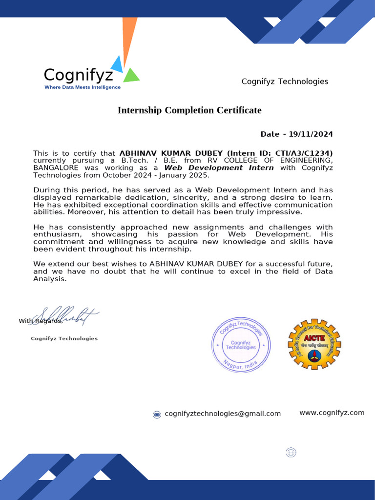 Cognifyz Technologies Internship Certificate | PDF