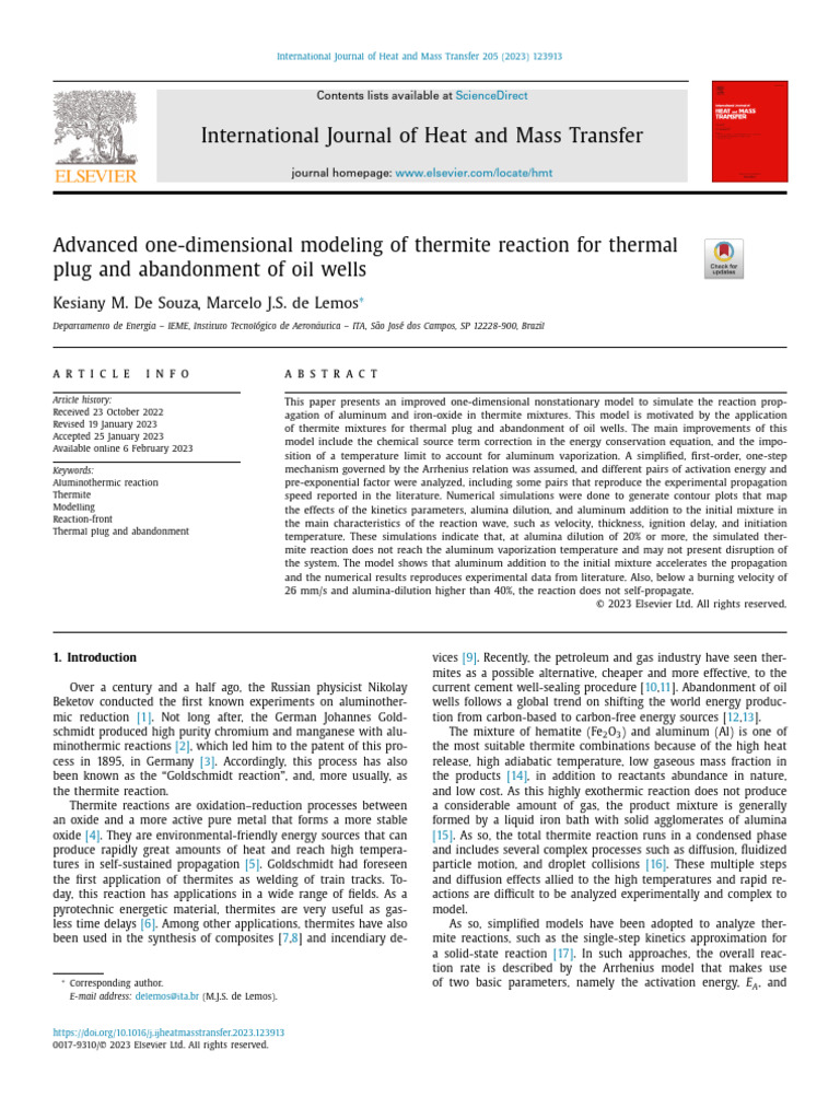 Advanced One Dimensional Modeling of Thermite Reaction For Thermal Plug and Abandonment of Oil ...