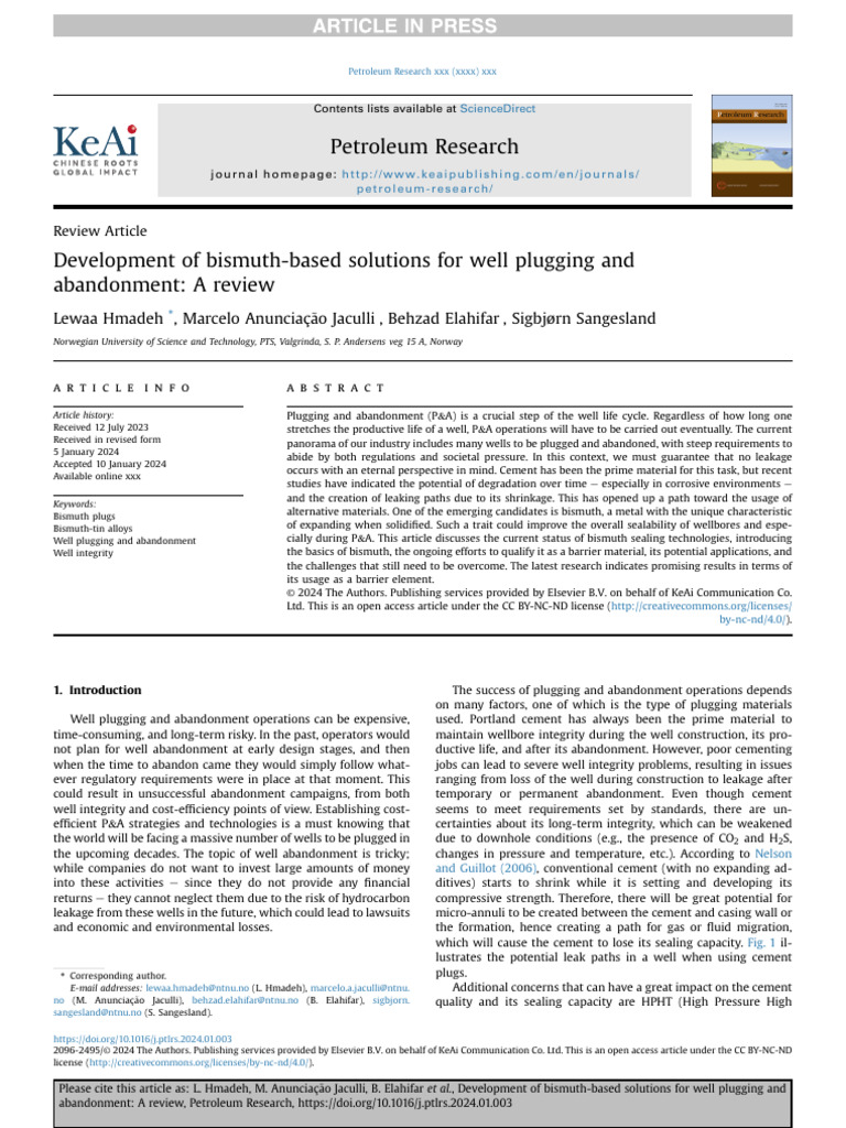 Development of bismuth based solutions for well plugging and abandonmet ...