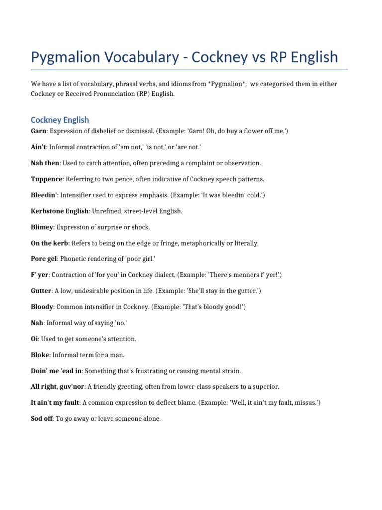 Pygmalion: Cockney vs RP Vocabulary | PDF | English Language | Human ...