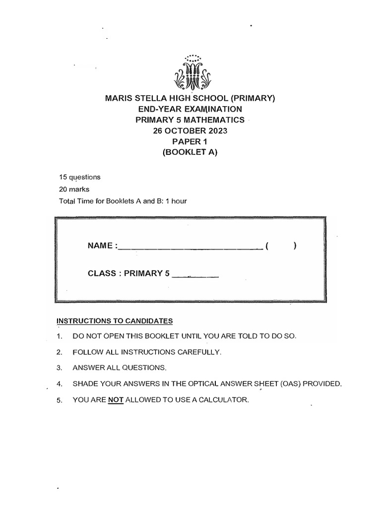 P5 Maths EOY 2023 MarisStella Exam Papers | PDF