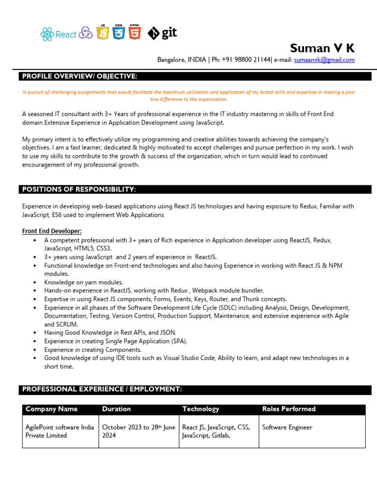 Front End Developer Resume - Suman V K | PDF | Java Script | Html5