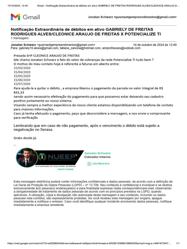 Gmail - Notificação Extraordinária de Débitos em Ativo GABRIELY DE ...