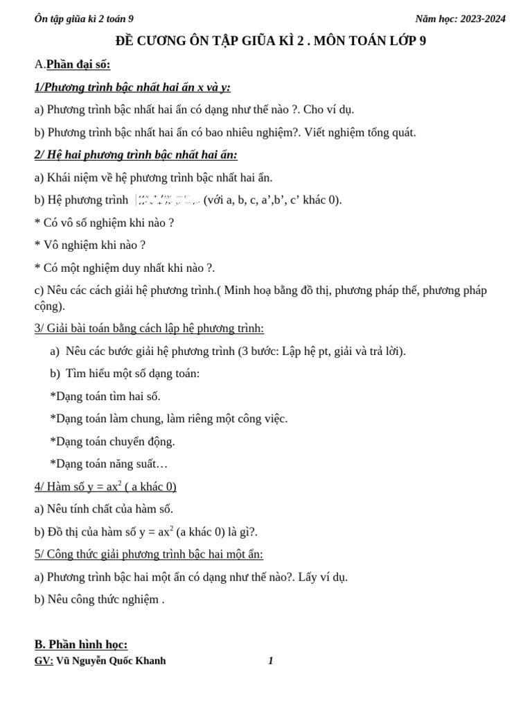 De Cuong On Tap Giua Hoc Ki 2 Toan Lop 9 | PDF