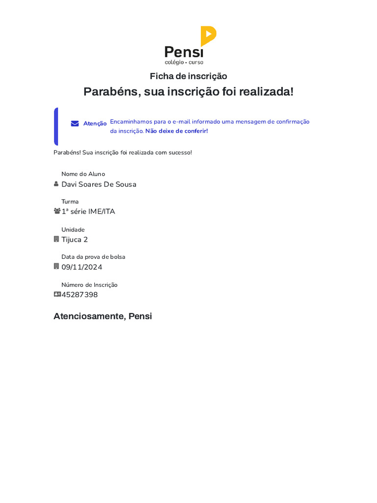 Confirmação de Inscrição Pensi 2024 | PDF