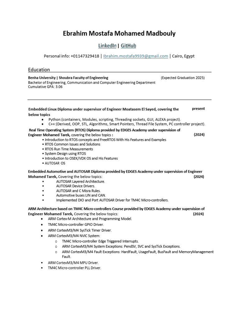 Ebrahim Mostafa Mohamed CV | PDF | Microcontroller | Embedded System