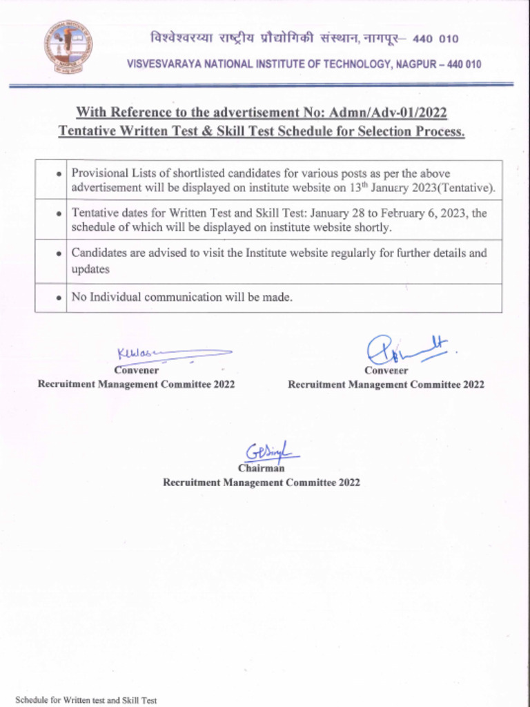 Tentative Written Test Skill Test Schedule For Non Teaching Staff ...