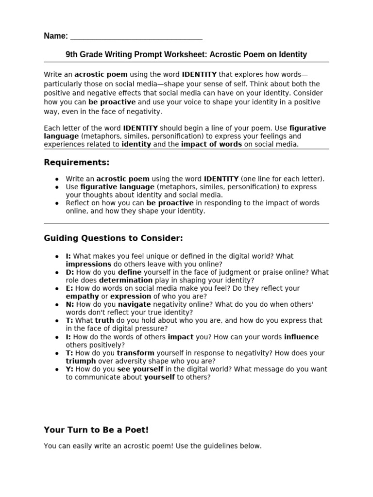 9th Grade Identity Acrostic Poem | PDF | Poetry