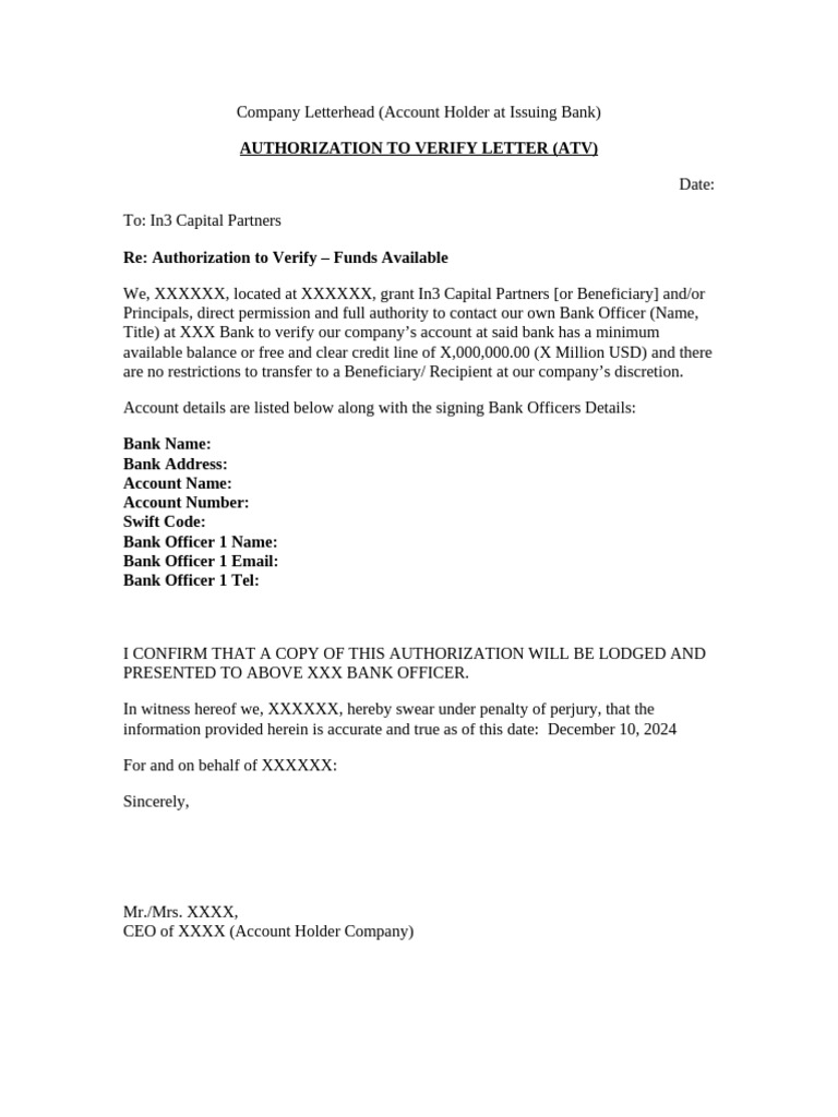 Authorization To Verify Letter Template For Cash Deposit Capacity | PDF