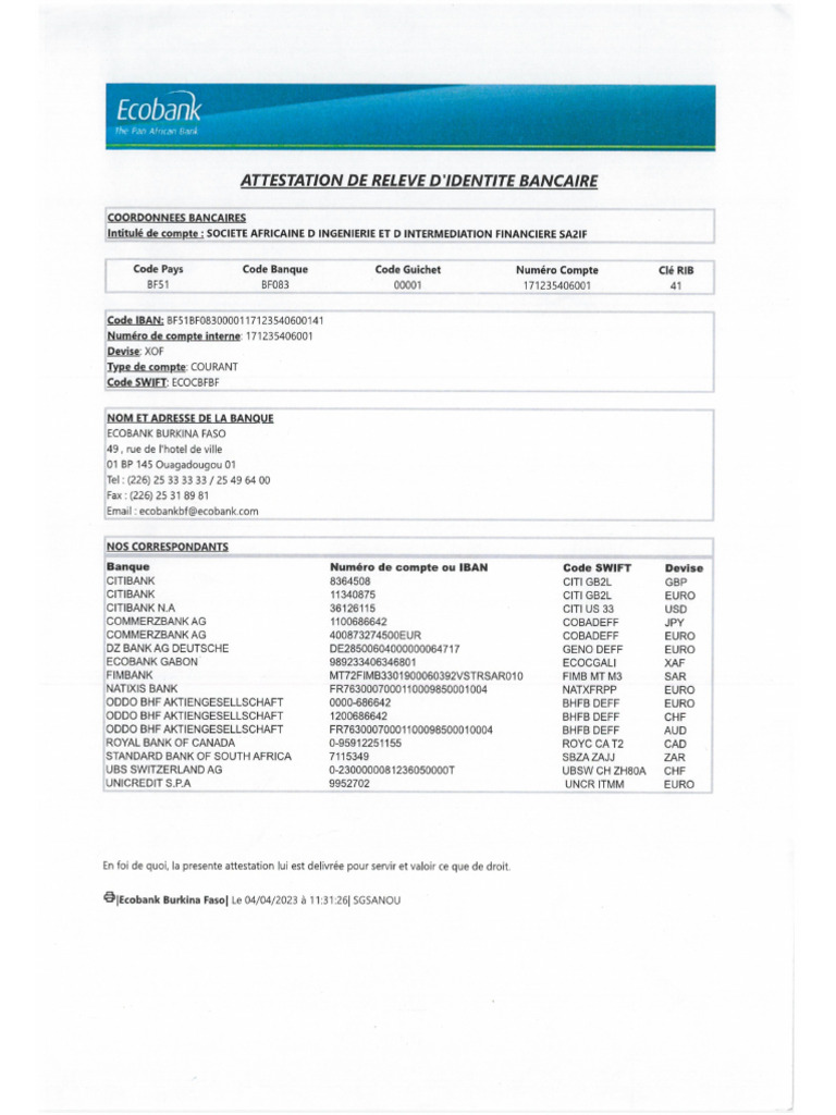 Rib Compte D'operation Ecobank de La Sa2if | PDF
