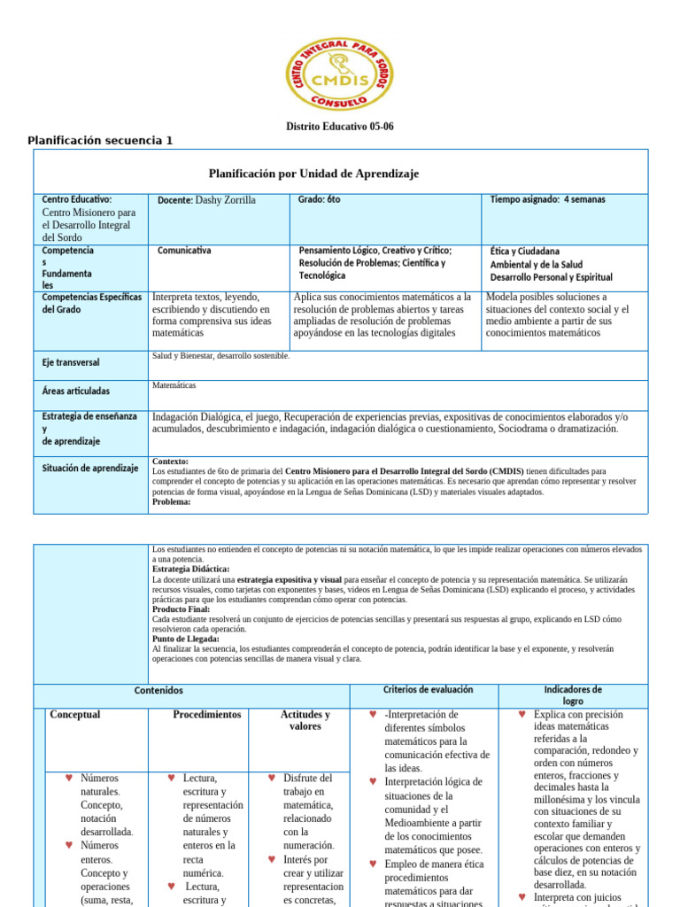 Planificación Por Unidad de Aprendizaje Matematicas 6to de Primaria INCOMPLETA | PDF | Números ...