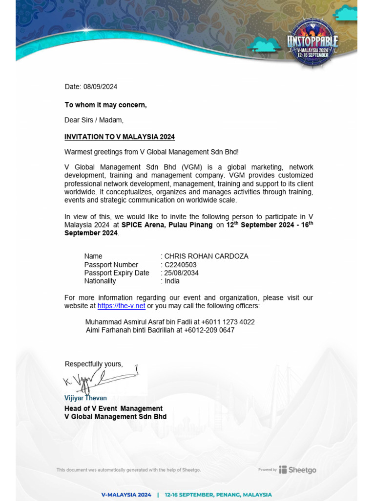 Chris Rohan Cardoza - Visa Invitation Letter | PDF