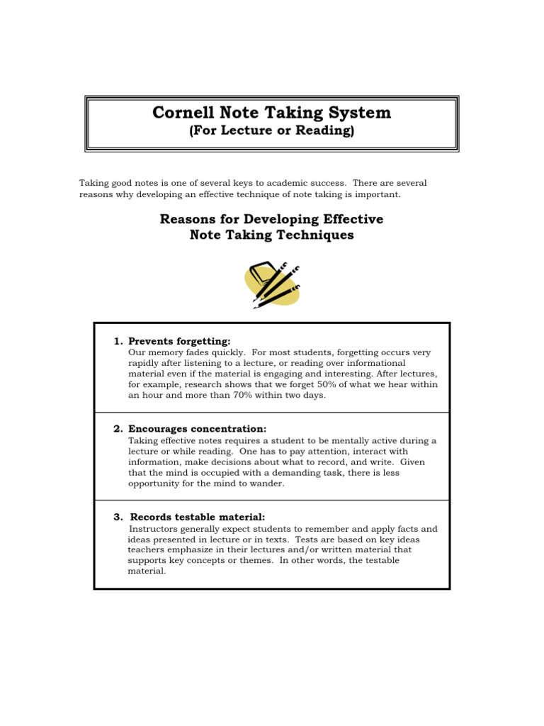 Cornell Note Taking System | PDF | Lecture | Memory