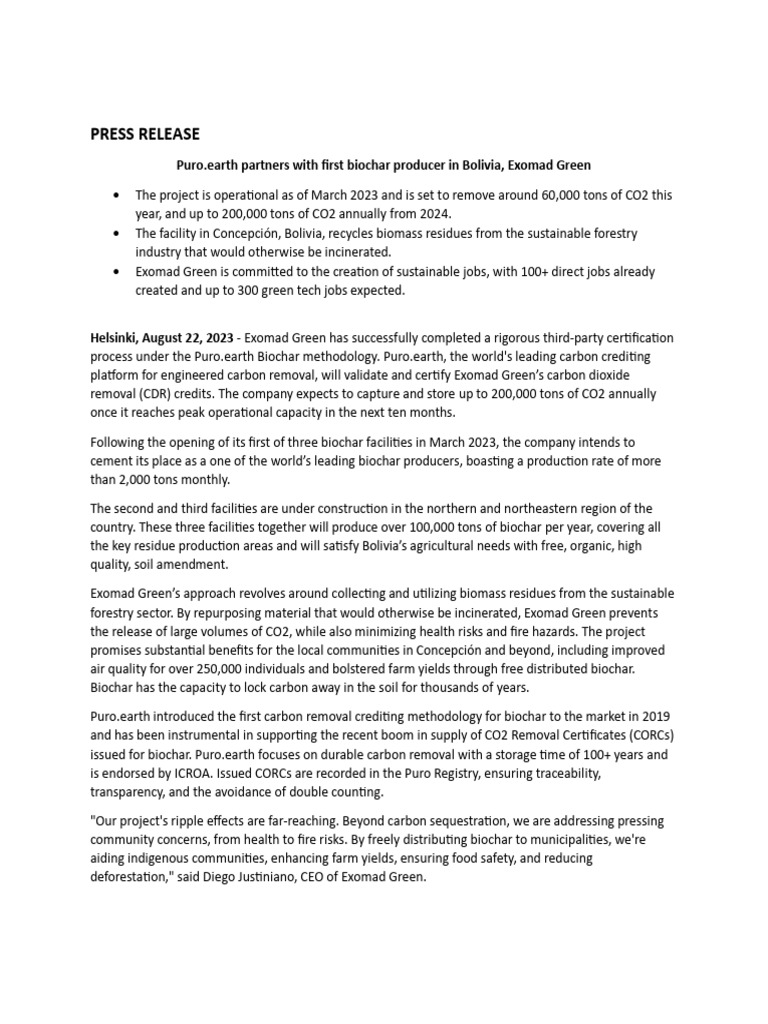Exomad Green Launches Biochar Project in Bolivia | PDF | Economy And ...
