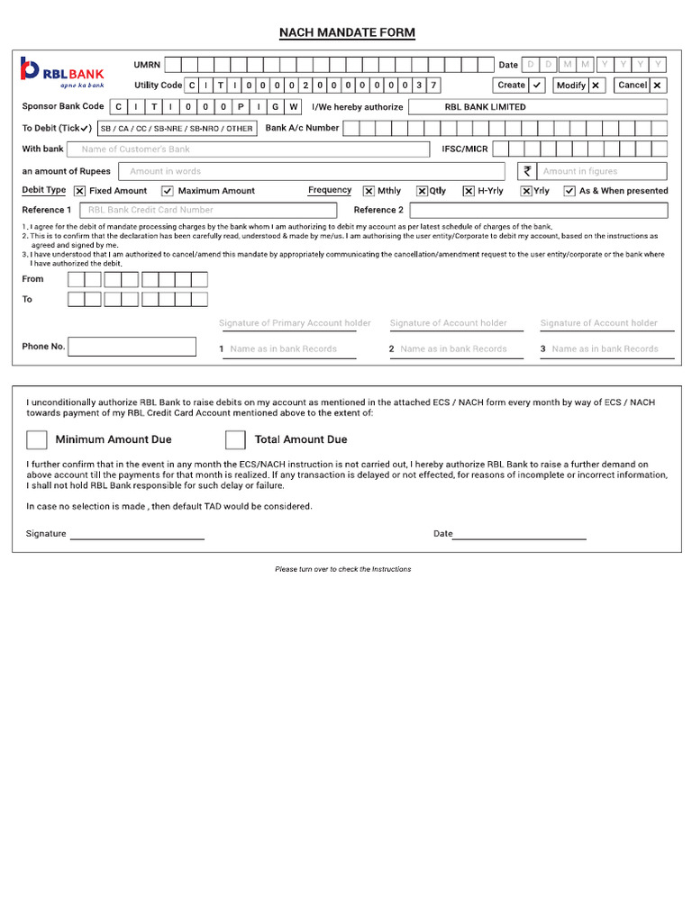 NACH Mandate Form I | PDF