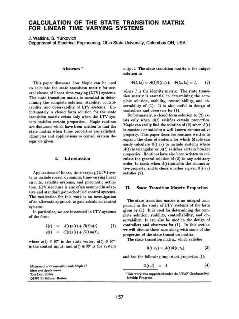 1993 - Calculation of The State Transition Matrix For Linear Time Varying Systems | PDF | Matrix ...