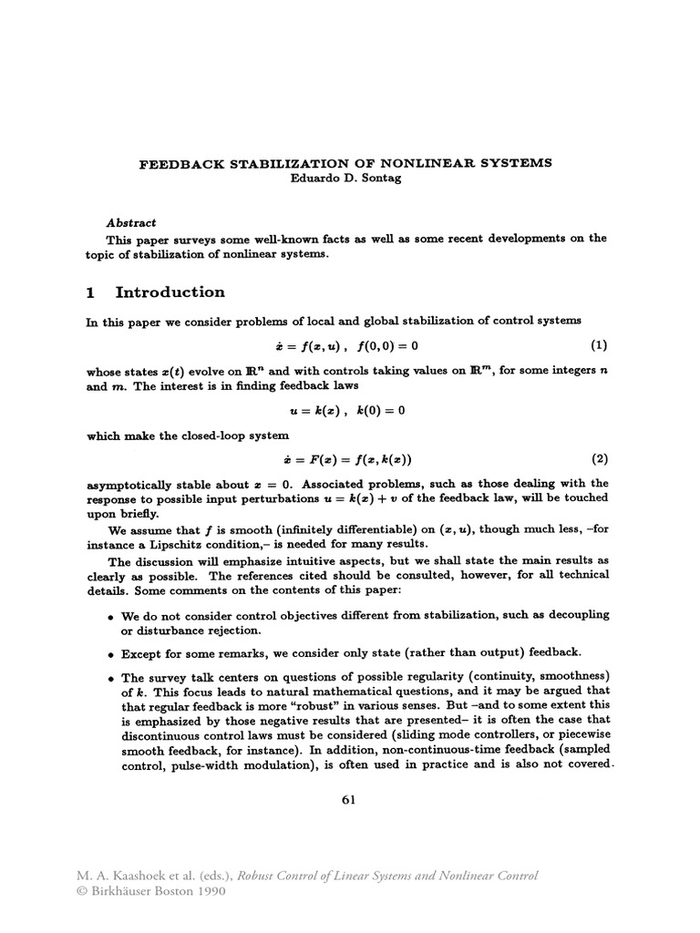 1990 - Feedback stabilization of nonlinear systems | PDF | Stability Theory | Control Theory