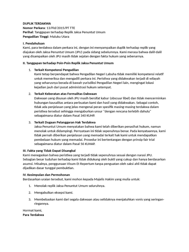 DUPLIK TERDAKWA Uiui | PDF