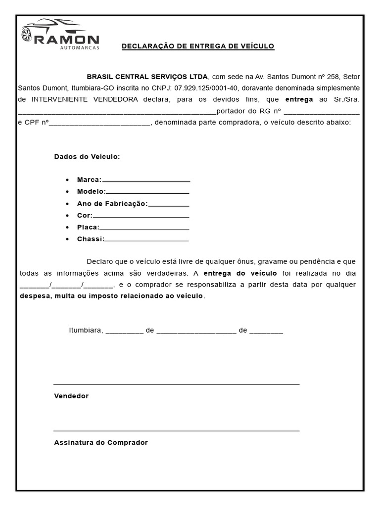Declaração de Entrega de Veículo | PDF