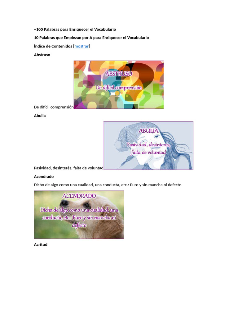 100 Palabras para Enriquecer el Vocabulario | PDF