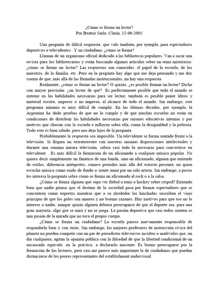 SARLO, B. Cómo Se Forma Un Lector - 2005 | PDF