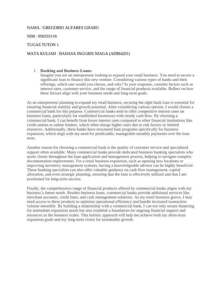 Tugas 1 BHS Inggris Niaga (Adbi4201) | PDF | Banks | Loans