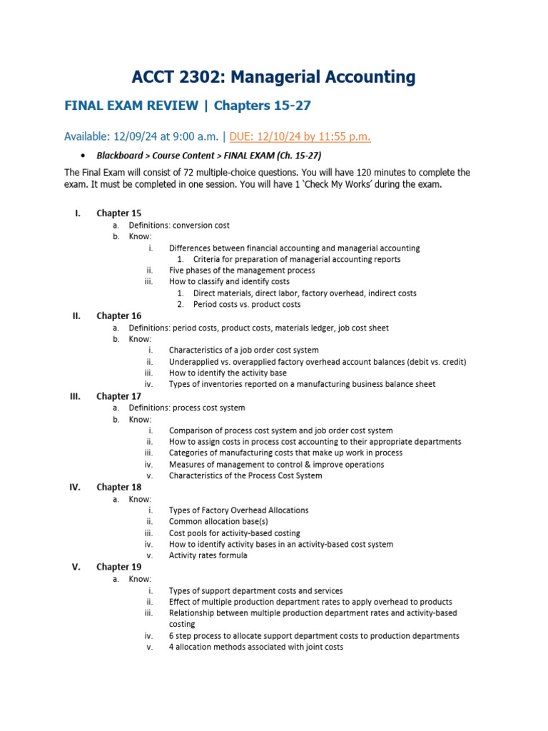 ACCT 2302 Final Exam Review (Ch. 15-27) | PDF | Cost Accounting ...
