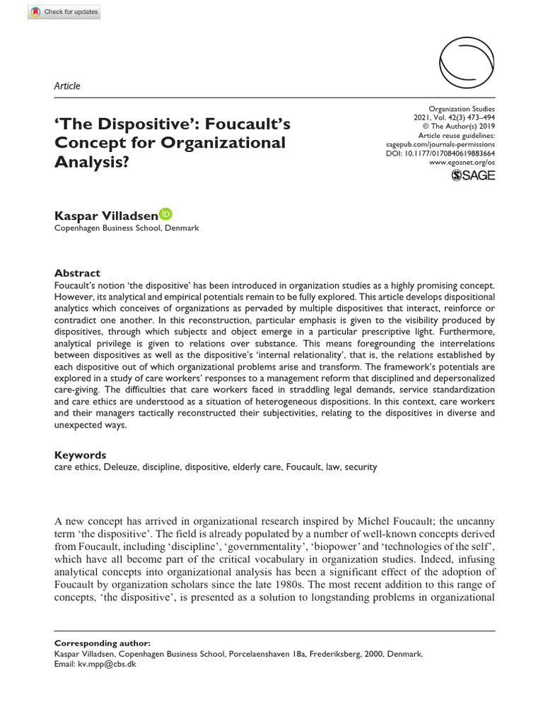 Villadsen 2019 The Dispositive Foucault S Concept For Organizational ...