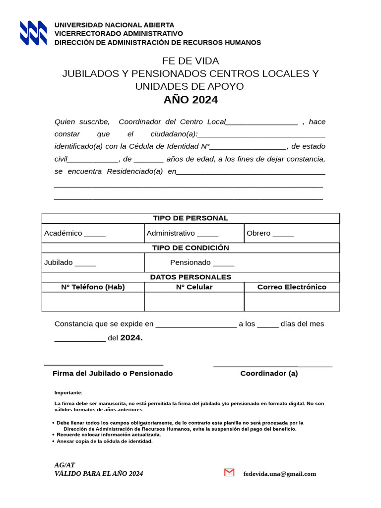 Planilla de Fe de Vida 2024 | PDF