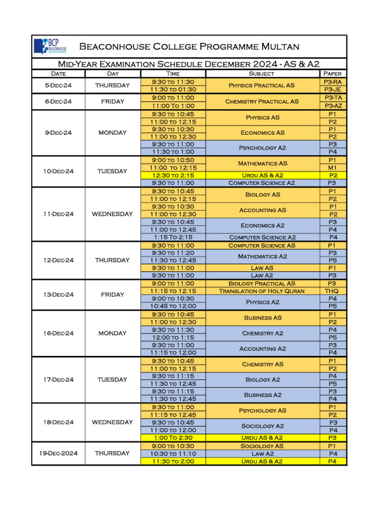 Mid-Year Exam Schedule 2024 | PDF | Science