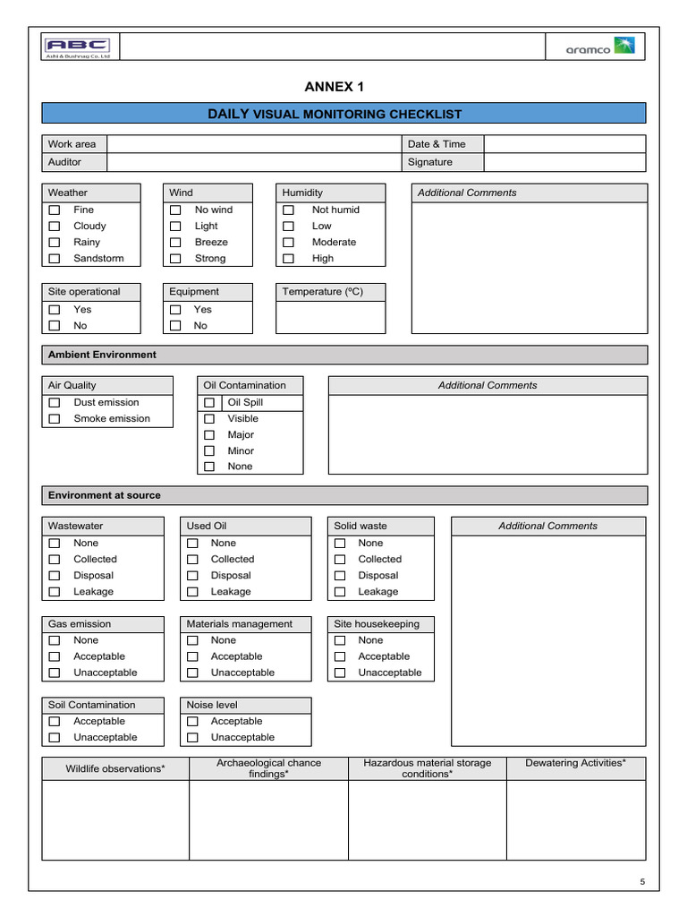 Daily visual monitoring Checklist | PDF | Natural Environment | Human ...