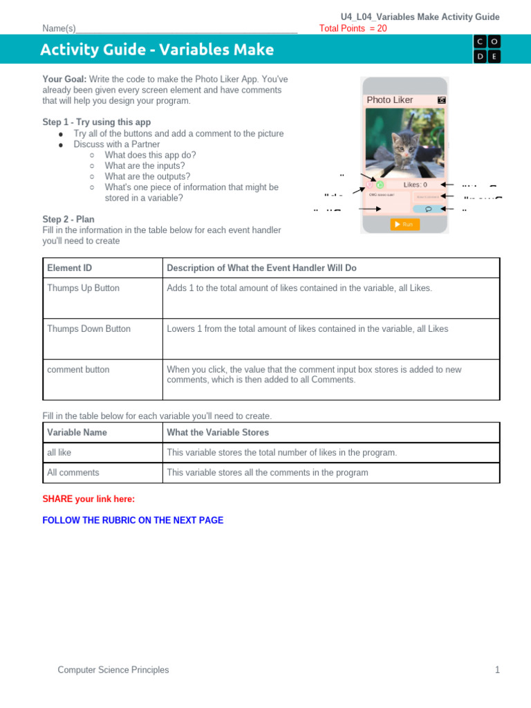 U4_L04_Variables Make Activity Guide | PDF | Computer Engineering | Software Development