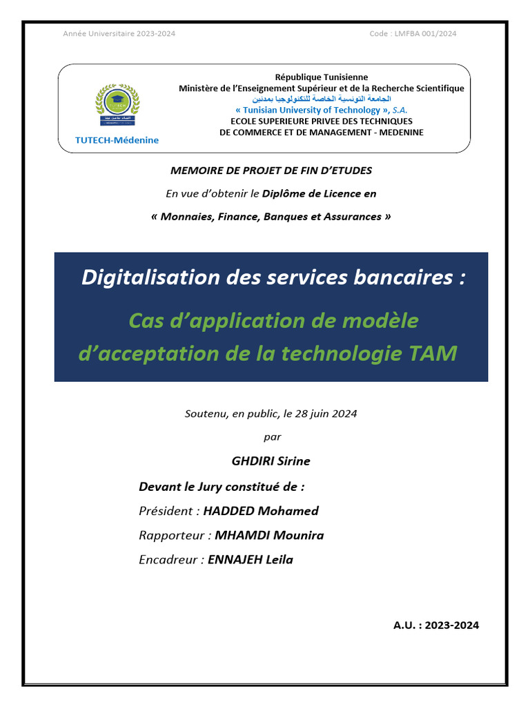 Rapport PFE - La Digitalisation Des Services Bancaires: Application de Modèle TAM | PDF ...