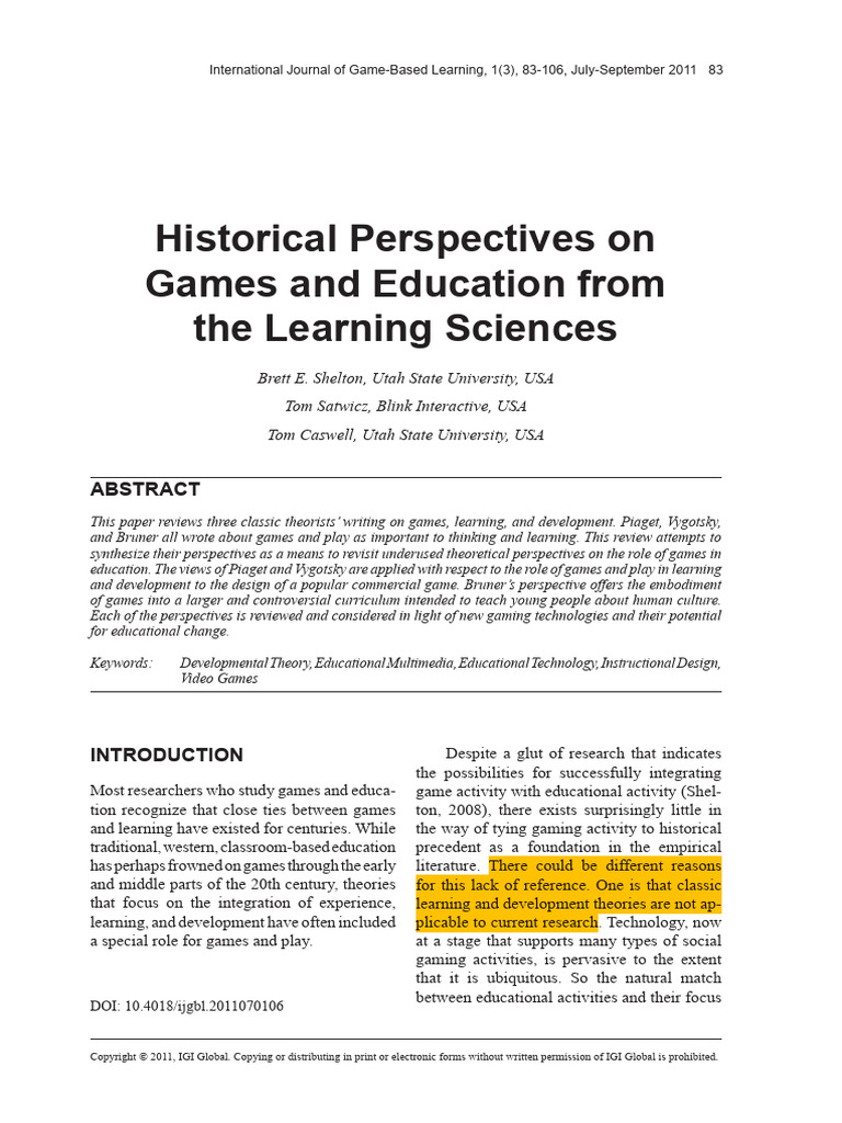 Historical Perspectives On Games and Education From The Learning ...