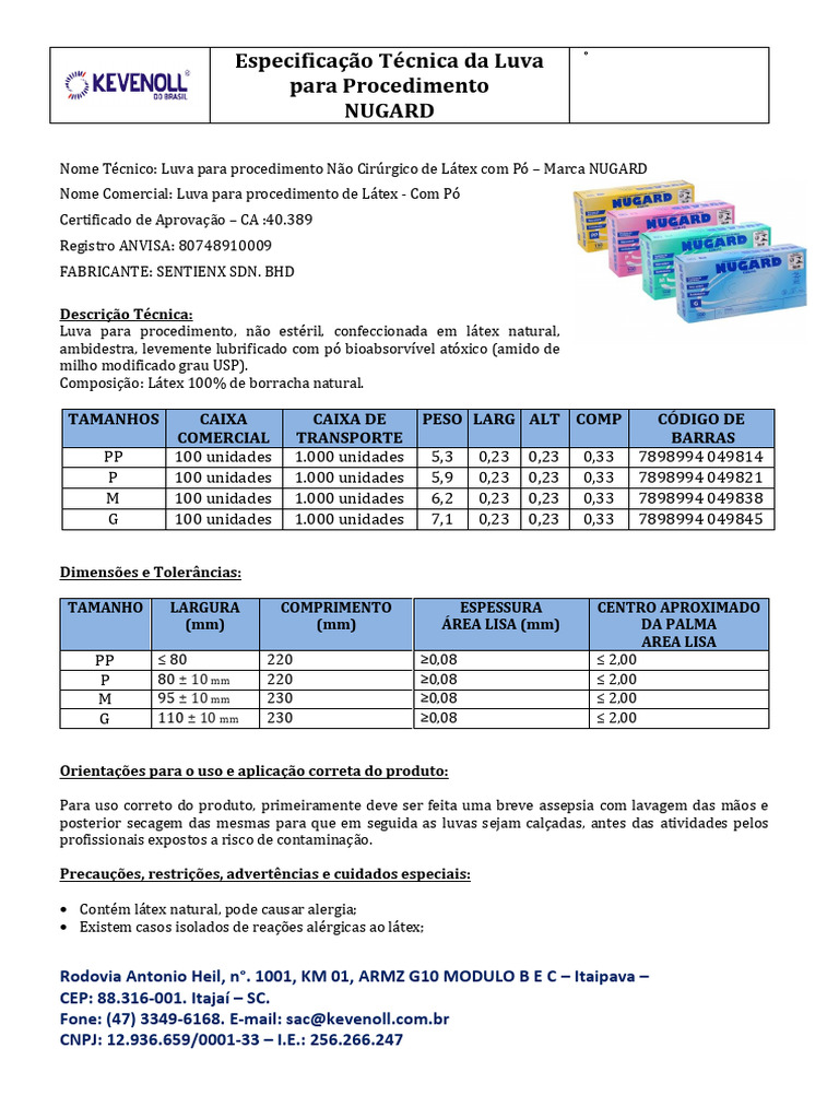 11 - Ficha Tecnica Luva para Procedimento NUGARD - SENTIENX | PDF