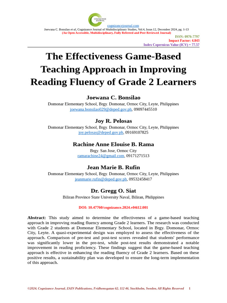 The Effectiveness Game-Based Teaching Approach in Improving Reading Fluency of Grade 2 Learners ...