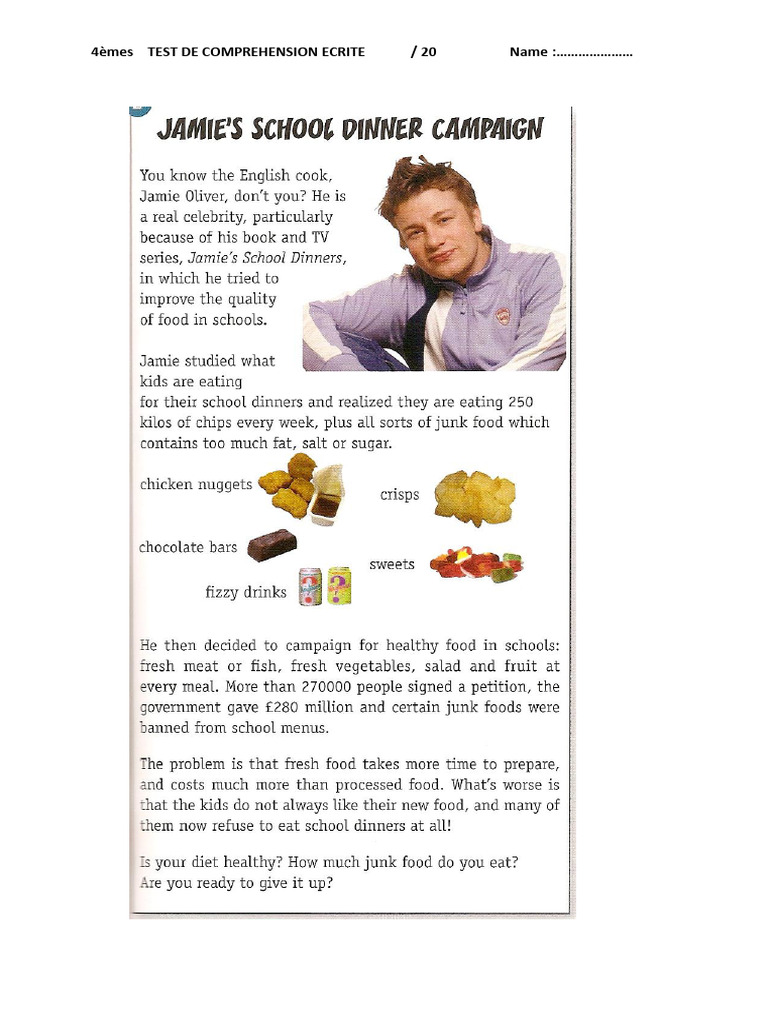 Jamie Oliver School Dinner Comprehension Test | PDF